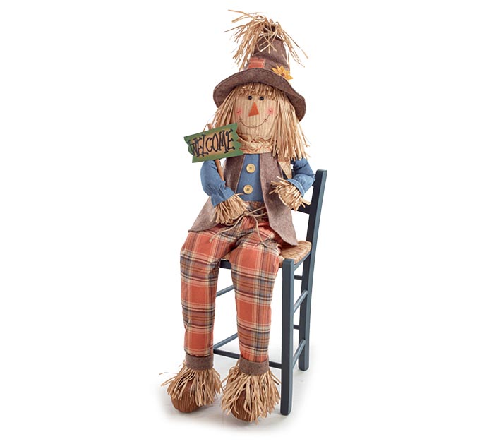 Large Fall Sitting Scarecrow With Sign